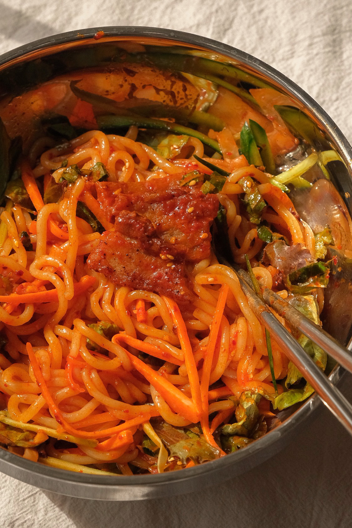 Crispy Pork Belly Spicy Chewy Noodles (Jjolmyeon)